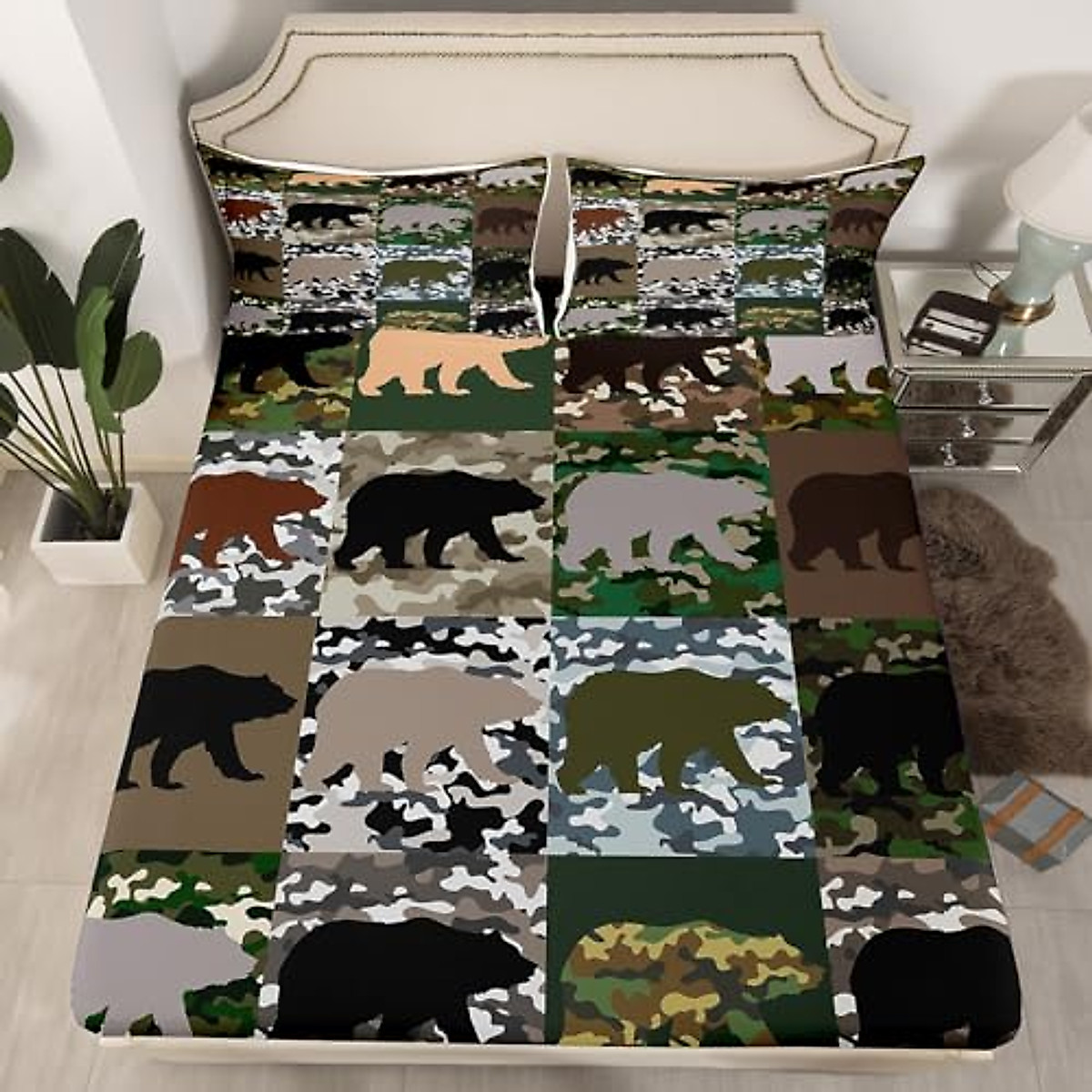 Wildlife Animal Hunting Camo Print Bed Sheet King Set,Camouflage Plaid Print Sheet Sets Adults Room Decoration,Bear Bedding Set with Flat,Fitted Sheet,2 Pillow Cases