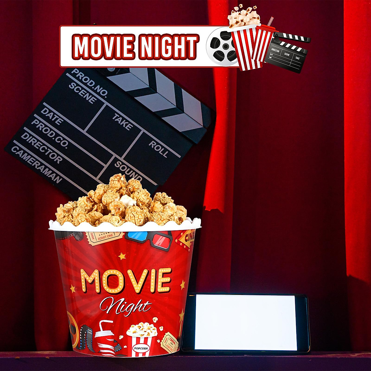 Roshtia 6 Pieces Plastic Popcorn Containers Reusable 75 oz Popcorn Bowl with Popcorn Scoop Retro Style Popcorn Boxes Red Popcorn Plastic Scoop Set for Movie Theater Night (Movie)