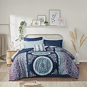 Intelligent Design Complete Bed In A Bag Casual Boho Comforter with Sheet Set Decorative Pillow, All Season Bedding Set, Twin, Loretta Navy 7 Piece