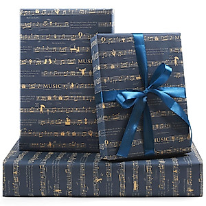 NEPOG Music Wrapping Paper, 6 Sheets Black Musical Notation Piano Score Musician Gift Wrap Folded Flat 20x28 inches per Sheet with Ribbon for Women Men Birthday Wedding Music Concert
