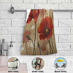 Red Poppy Flower Hand Towels Rustic Brown Wooden Cotton Set of 2 Multi-Purpose Kitchen Towel for Face Beach Bathroom Gym 14.4 x 28.3 Inch