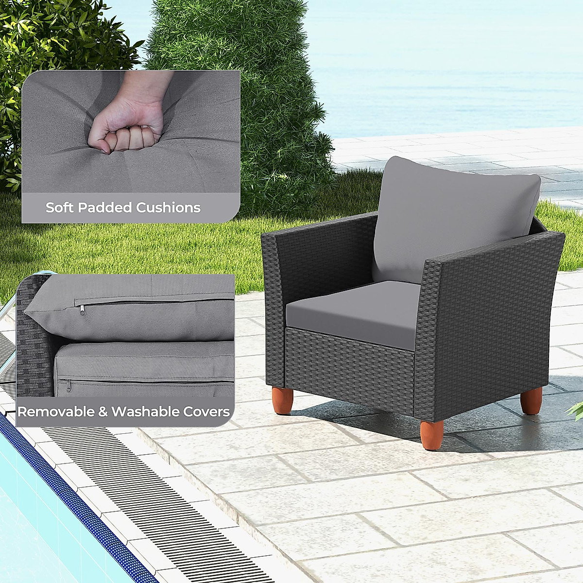 ORALNER 3 Pieces Patio Furniture Set, Outdoor Wicker Conversation Chairs with Cushion, Acacia Coffee Table, Rattan Bistro Set for Balcony Garden Backyard Front Porch Poolside (Grey)
