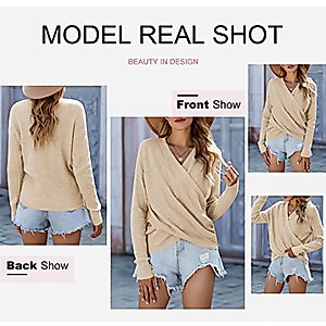 Dokotoo Womens Sweaters Winter Fall Cute Deep V Neck Wrap Chunky Cable Knit Short Fuzzy Pullover Crop Sweater Long Sleeve Jumper Tops Soft Comfy Apricot Large