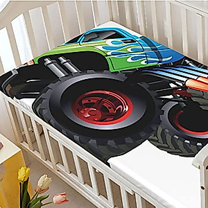 Cars Themed Fitted Crib Sheet,Standard Crib Mattress Fitted Sheet Ultra Soft Material -Baby Sheet for Boys Girls,52 x 28 Inch,Black Green Aqua