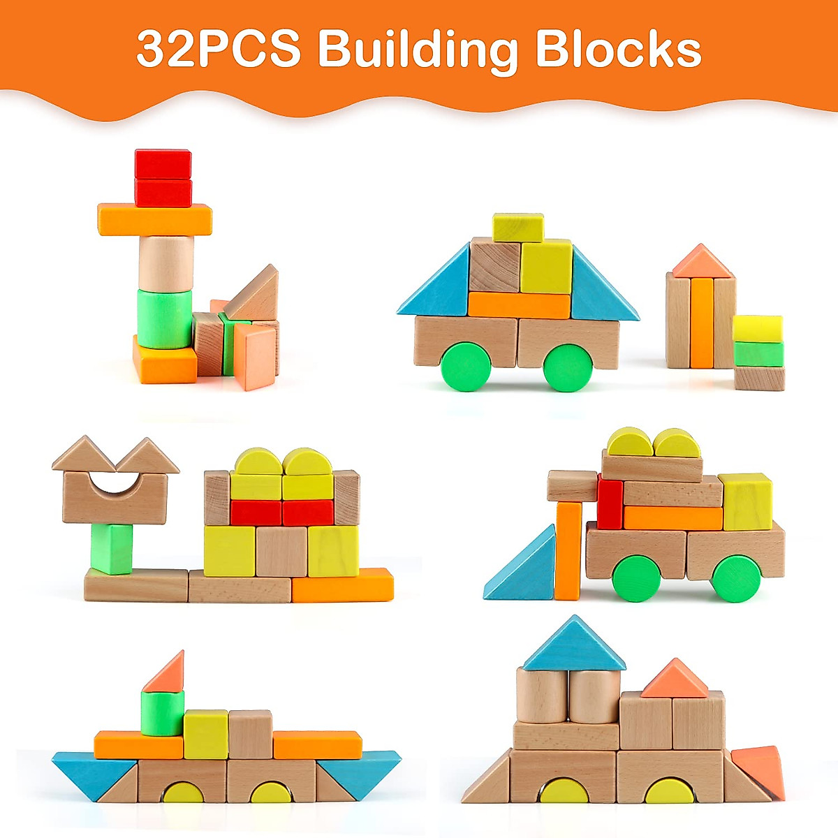 FOPNETS Large Wooden Blocks Construction Building Toys Set Educational Preschool Learning Toys with Carrying Bag Stacking 32 Pieces Toddler Blocks Toys for 3+ Year Old Boy and Girl Gifts