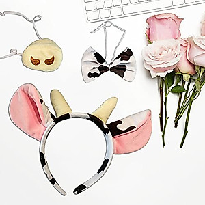 JIALWEN Animal Costume 4 Pieces Set Cow Ears Headband Nose Bowtie and Tail Party Cosplay Halloween Dress Up Accessories