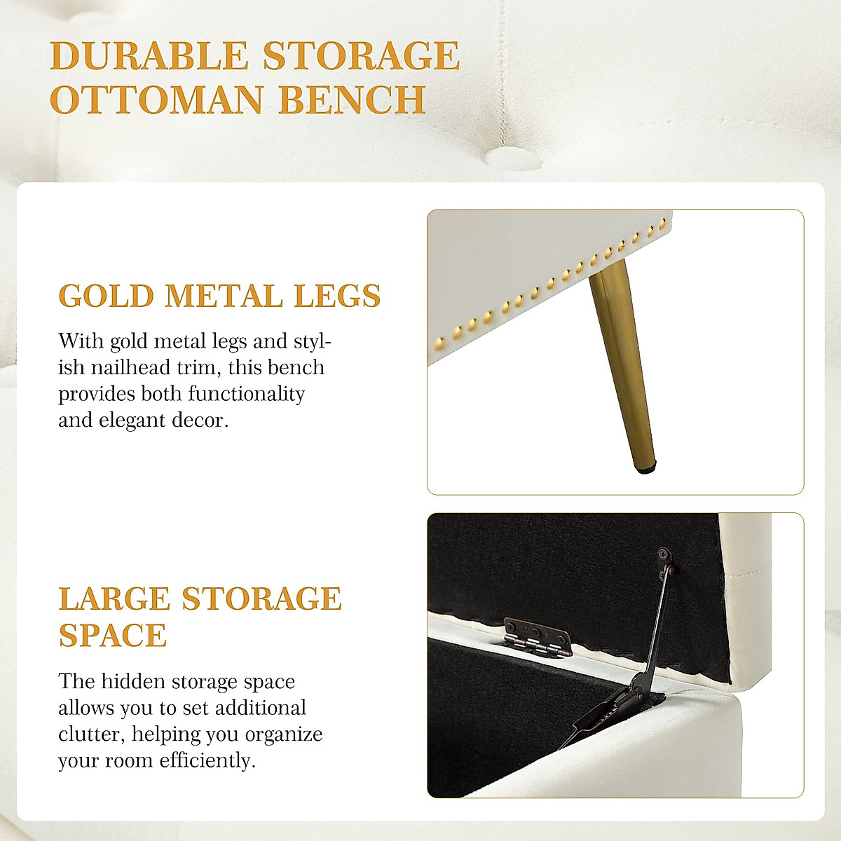 HULALA HOME Modern Velvet Storage Ottoman Bench with Gold Base & Nailhead Trim, Upholstered Bedroom Bench for End of Bed, Button-Tufted Footstool for Entryway Living Room Dining Room, Ivory