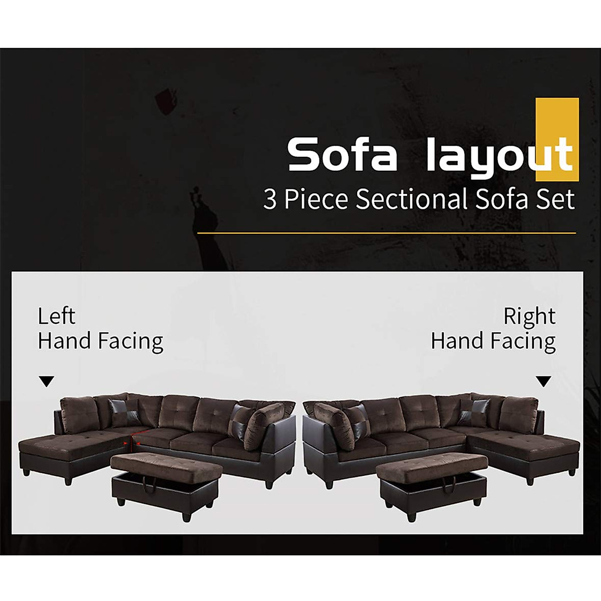 A Ainehome 3 PCS Sectional Sofa Set, L-Shaped Sectional Couch 103" W for Living Room, with Storage Ottoman and Matching Pillows (Left Hand Facing, Chocolate)