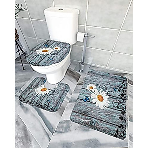 Apular Fashion 3 Piece Bath Rugs Set Rustic Floral Yellow Daisy Butterfly on Rustic Blue Wooden Non Slip Ultra Soft Bathroom Accessories Mats, U Shape Mat and Toilet Lid Cover Mat Bath Mats