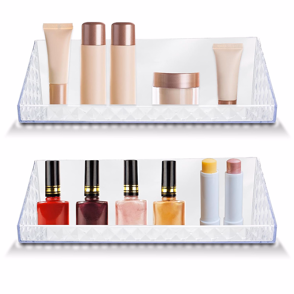 EFFICOM Adhesive Wall Mounted Storage Organizer, Non-Drilling Hanging Storage Tray, Plastic Floating Shelves, Space Saving Shelf for Kitchen Bathroom Office (2 clear)