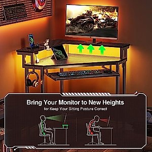 Rolanstar Corner Desk, 44.5" W x 34.5" H Small Carbon Fiber Computer Desk with Power Outlets, LED Lights and Keyboard Tray, Small Office Computer Desk with Monitor Stand for Small Space, Carbon Black