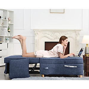 SEJOV Sleeper Sofa Chair Bed,4-in-1 Convertible Sofa Bed Chair with 6 Adjustable Backrest and Pillow, 3-Seat Pull Out Sleeper Chair Linen No Backrest for Bedroom Small Space Living Room, Navy Blue