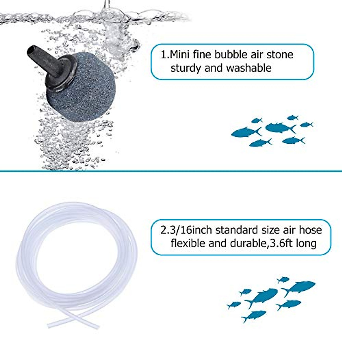 hygger Ultra Silent 1.5W Fish Bowl Aqaurium Mini Air Pump with Accessories, Oxygen Aerator Kit for Fish Tank 0.5-15 Gallon, Comes with 3/16 Inch Air Tubing, Air Stone, AC 110V/60HZ, Power Cord 3.6ft