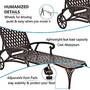 ROIYEIER Lounge Chairs for Outside, Chaise Lounge Outdoor Set of 2 Cast Aluminum with Adjustable Backrest and Moveable Wheels for Poolside Backyard Patio, Bronze