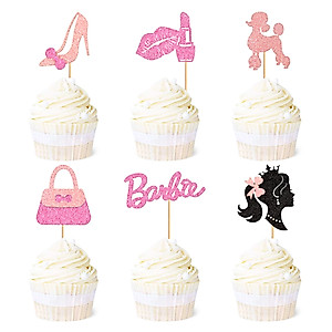 Ercadio 24 Pack Princess Cupcake Toppers Black and Pink Glitter Girls Cupcake Toppers Handbag High Heel Lipstick Cupcake Picks for Wedding Bridal Shower Girls Birthday Party Cake Decors Supplies