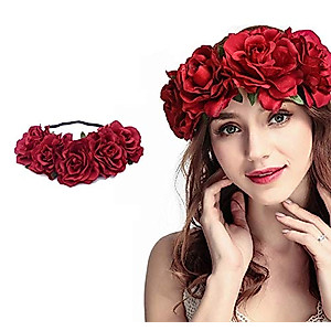 DNHCLL Rose Flower Crown, Floral Headpiece for Women and Girls - Red Artificial Rose Hair Wreath with Headband
