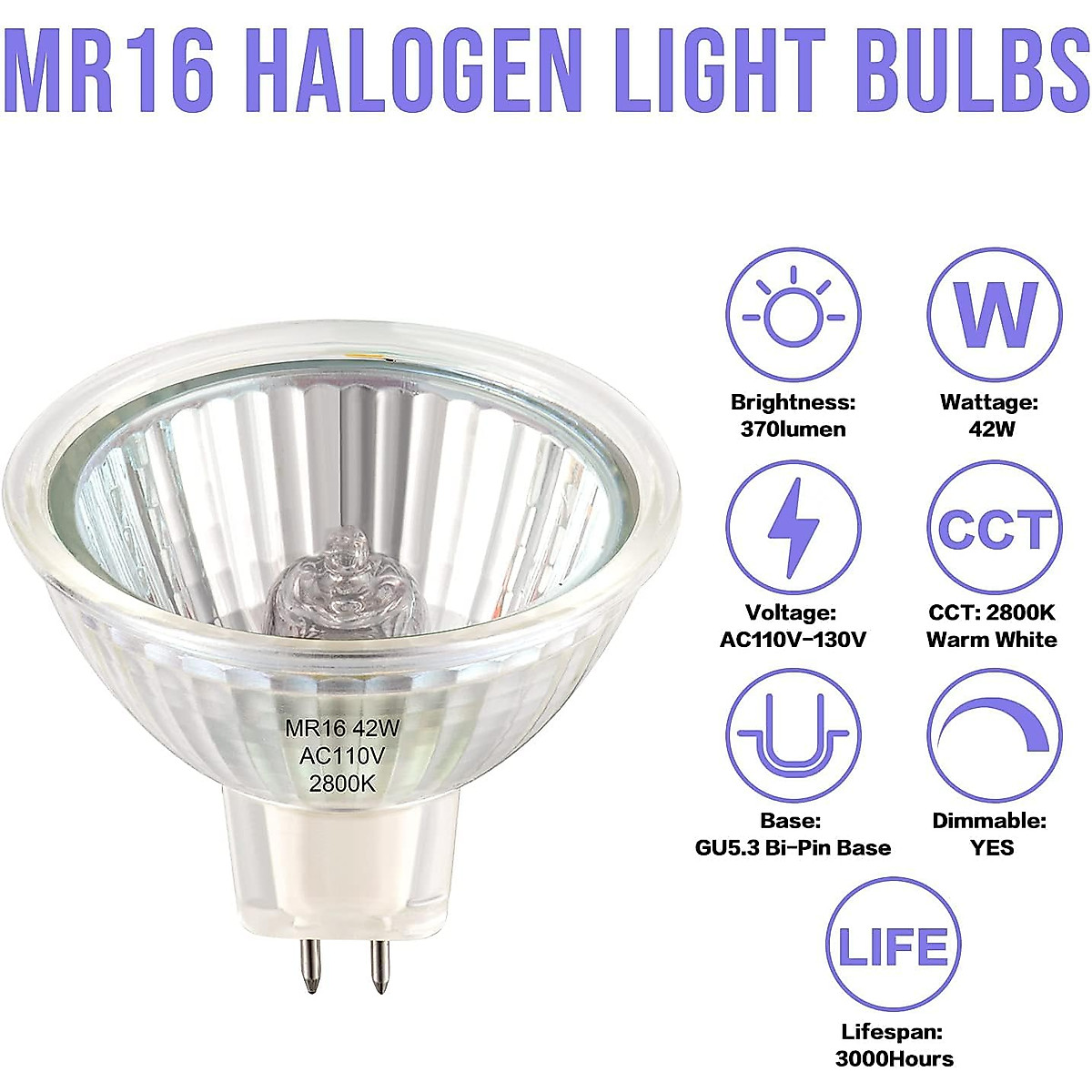 RuLEDne MR16 GU5.3 Halogen Bulbs 42W Dimmable Warm White 2800k, AC 120V GU5.3 Bulb, Non Flicker, 360 Beam Angle, Bright MR16 Halogen Light Bulbs for Home Lighting