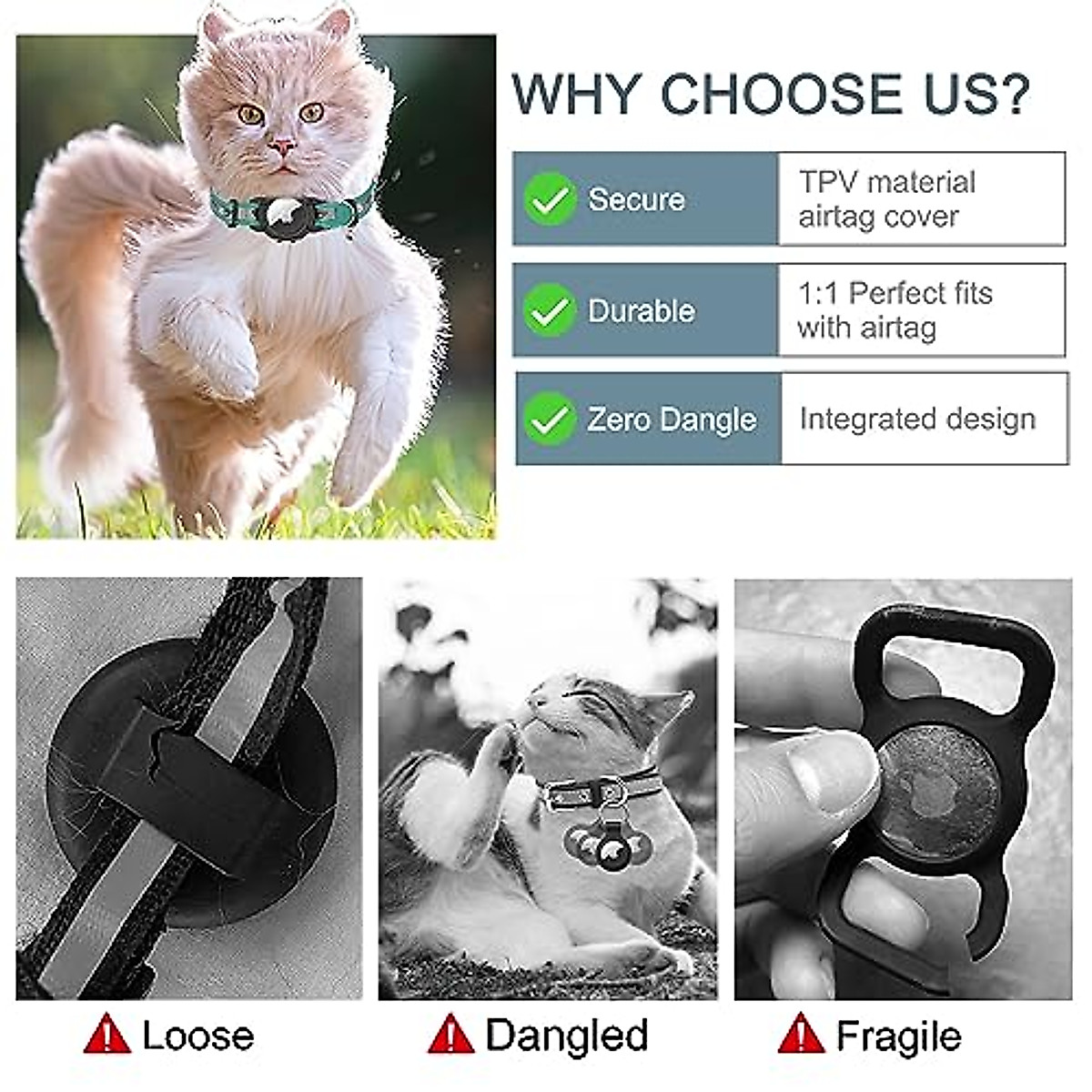 Reflective AirTag Cat Collar, FEEYAR Integrated GPS Cat Collar with Apple Air Tag Holder and Bell, Safety Elastic Band Tracker Cat Collars for Girl Boy Cats, Kittens and Puppies [Green] 7-9 Inch
