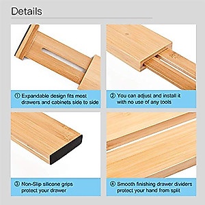 Vinkki Bamboo Drawer Divider 4 Pack Kitchen Utensil Drawer Organizer Separators Spring Adjustable & Expendable Drawer Dividers Eco-Friendly Bamboo Drawer Partitions Divider for Kitchen Desk