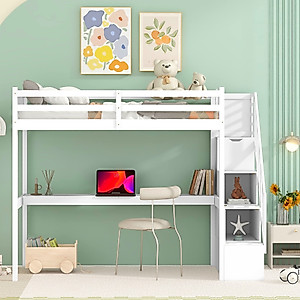 CITYLIGHT Twin Size Loft Bed with Stairs and Desk, Wood Twin Loft Bed with Storage Staircase, Kids High Loft Bed Twin for Girls, Boys, Bedroom, Dorm, No Box Spring Needed (Loft Bed Twin Size, White)