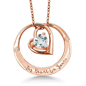 Gem Stone King 18K Rose Gold Plated Silver `My Heart Is Yours` Aquamarine and Diamond Pendant