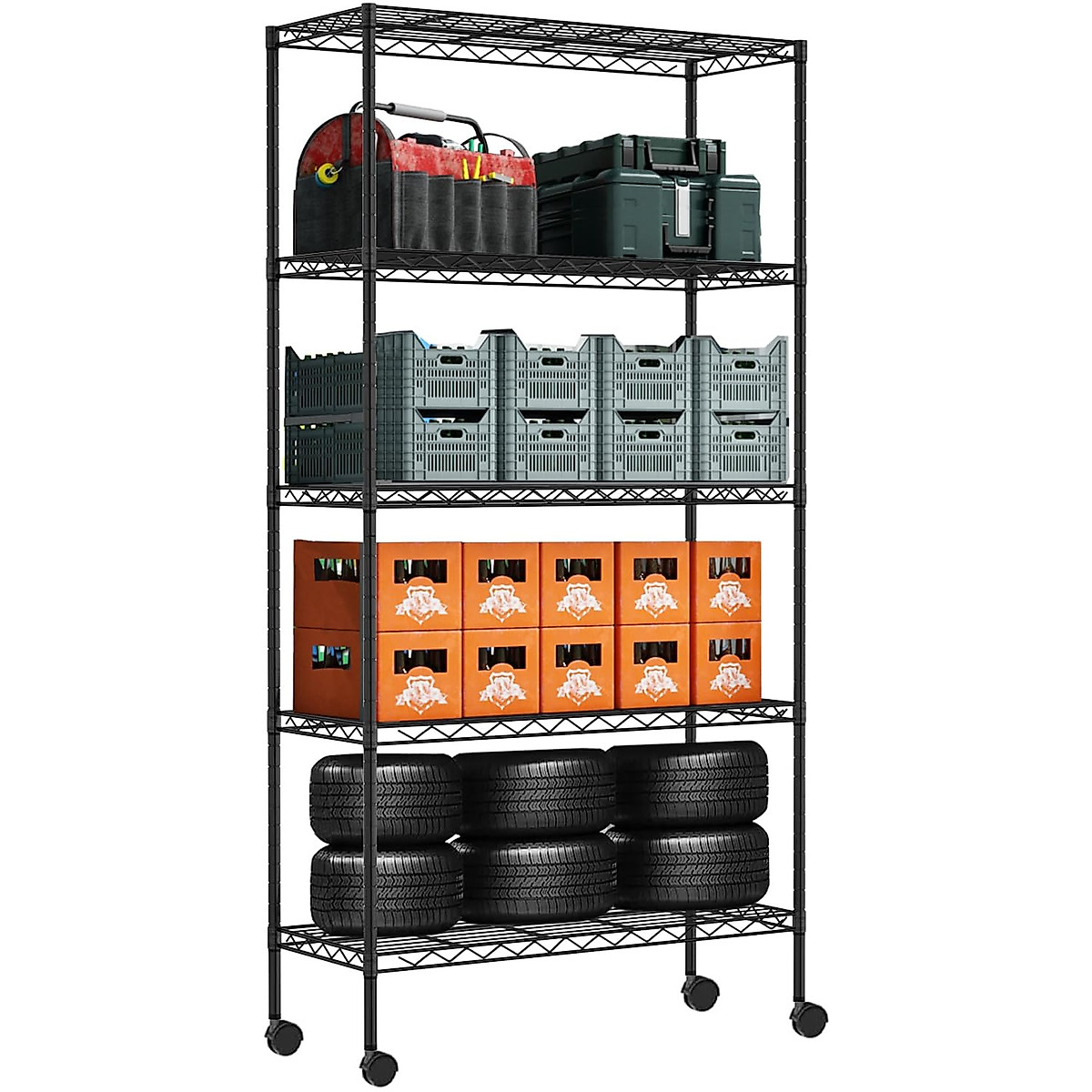 BSTOPHKL Wire Shelving Storage Shelf 5 Tier Wire Shelves Unit, 1500lbs Capacity Adjustable Rolling Metal Racks with Wheels,Metro Shelving Heavy Duty for Kitchen, 30" D x 14" W x 60" H, Black