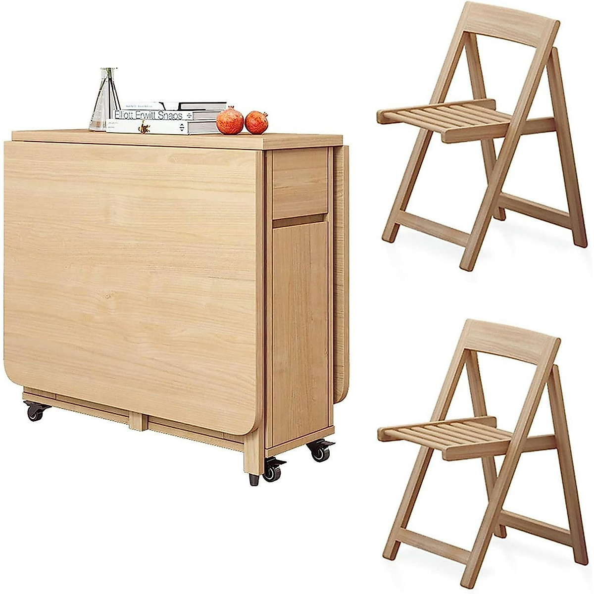 Shykey Extendable Dining Table Set, Wooden Drop Leaf Table with 4 Dining Chairs, Folding Dining Table for Kitchen Restaurant Dining Room Living Room-140cm