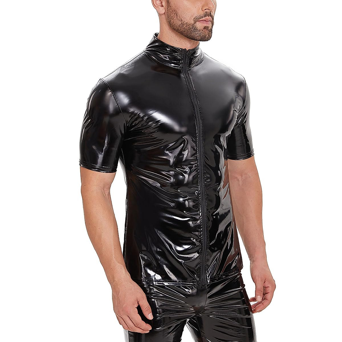 Men Sexy Leather Shirt, Glossy, Plus Size, Full Zipper, Short Sleeve, Shiny Latex Coat For Male, Red