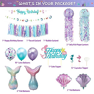 Mermaid Birthday Party Decorations Supplies Banner Tassel Garland Bubble Garland Hanging Jelly Fish Paper Lanterns Balloons Cake Topper Mermaid Happy Birthday Decorations for Kids Girls Women