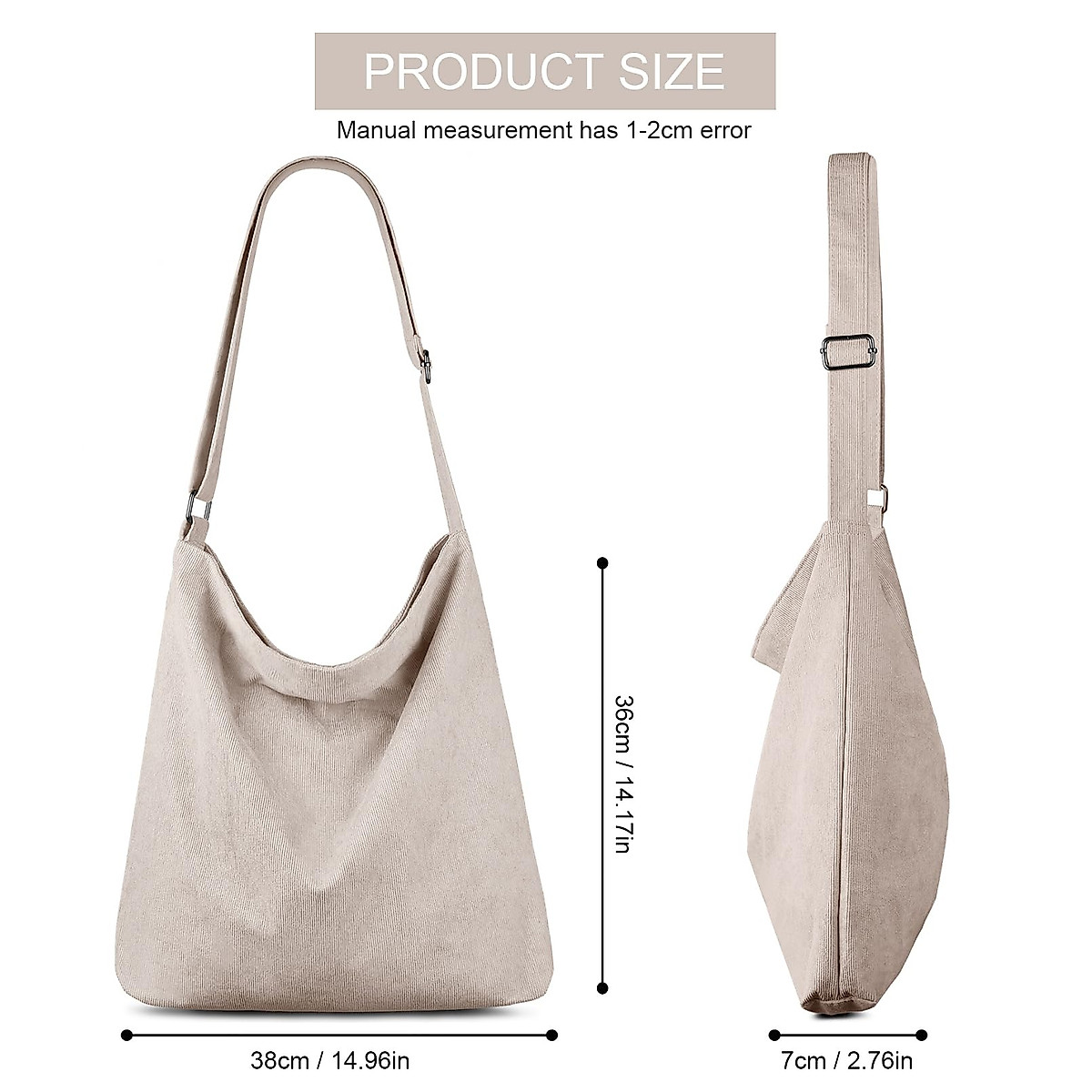 Kememo Corduroy Hobo Bag Crossbody Tote Bag with Zipper, Large Capacity Shoulder Bag Handbags Shopping Bag for Women, Beige