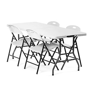 Creative Outdoor Folding Table and Chairs, 6 Ft, Built-in Wheels, Portable Durable Plastic, Indoor/Outdoor Events, Perfect for Camping/Picnic/Tailgating/Party (White Table and 4 Chair Set)
