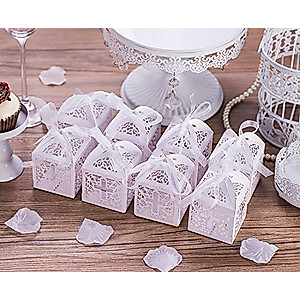 KAZIPA 50PCS Baptism Favor Boxes, 2.2''x2.2''x2.2''Laser Cut Favor Boxes with 50 Ribbons for Baby Shower Favors Baptism Decorations First Birthday Party (White)