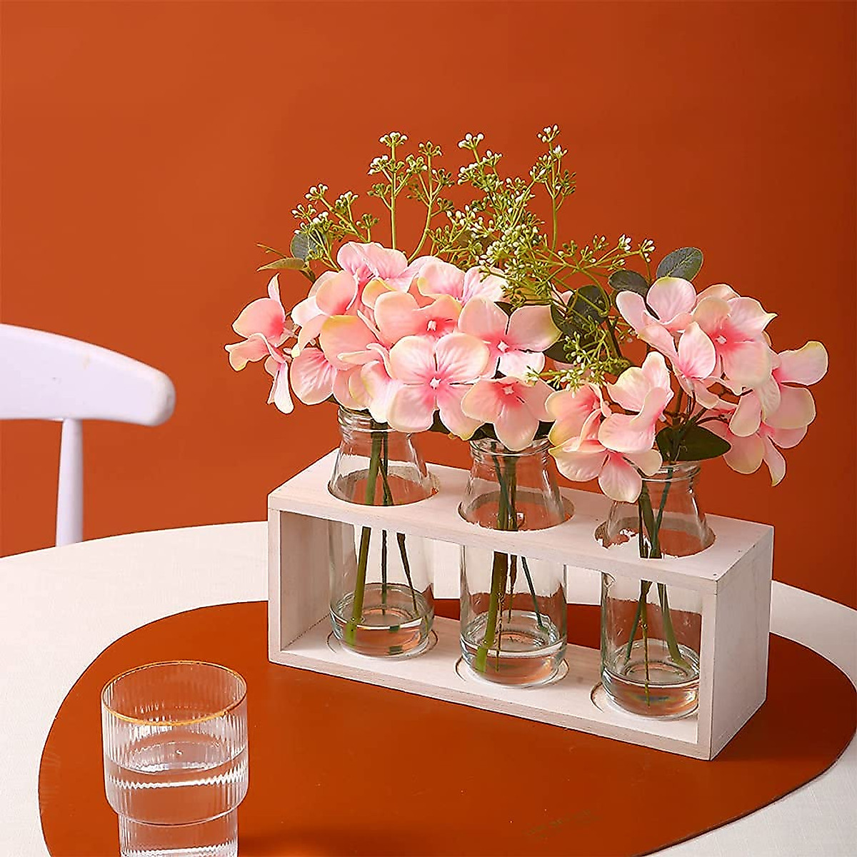 hehimhis Desktop Glass Planter Vase with Wooden Stand for Hydroponics Plants Decor for Home Office Garden Wedding, Pink