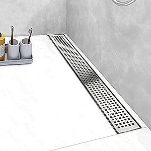 Elefloom Linear Shower Drain, Shower Drain 24 inch with Removable Grate Cover, Professional AISI 304 Stainless Steel Shower Floor Drain, Shower Drain with Hair Catcher and Leveling Feet