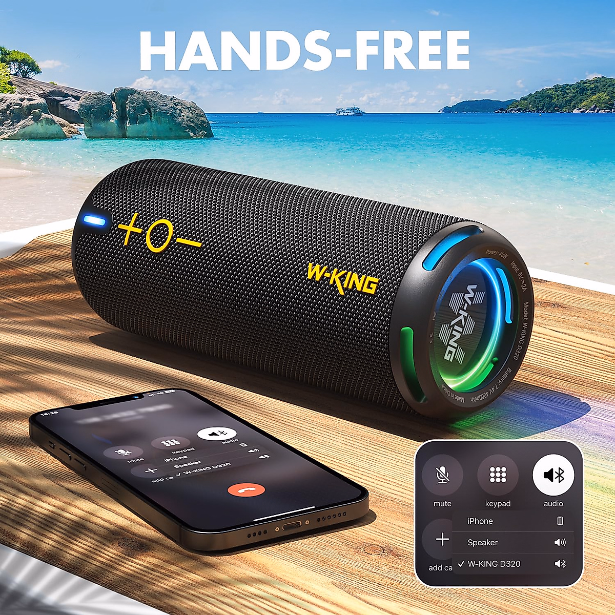W-KING Bluetooth Speakers - IP67 Waterproof Outdoor Portable Wireless Speaker, Customized EQ APP/Deep Bass, 40W HD 360° Stereo Surround Sound with Lights/V5.3/DSP/TF/AUX, Dustproof for Shower, Camping
