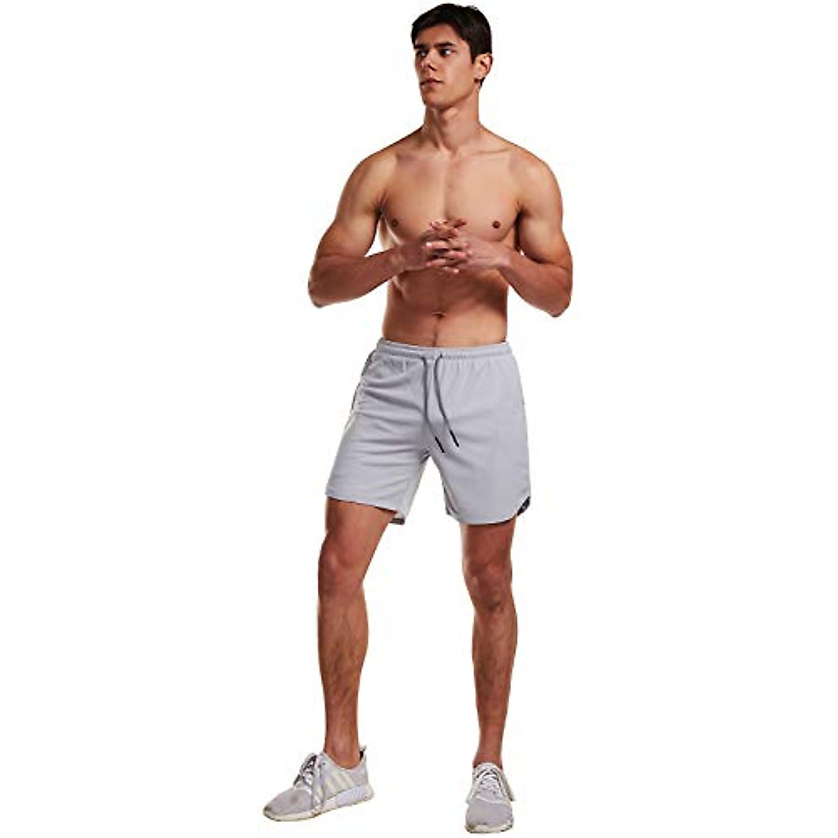 FLYFIREFLY Men's 2-in-1 Workout Running Shorts 7" Lightweight Gym Yoga Training Sport Short Pants Grey