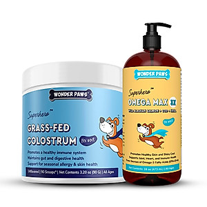 Grass-Fed Colostrum Powder Plus Omega Max Fish Oil - for Dog’s Immune Support, Skin, Allergies, Joint Care and Overall Health – Colostrum 3.20 Ounces - Omega Max 16 Ounces
