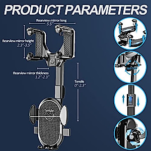 JOCOSA Car Rearview Mirror Phone Holder Phone Mount for Car, Universal 360° Rotatable and Retractable Adjustable Multifunctional GPS Holder for All Mobile Phones Fits Most Cars