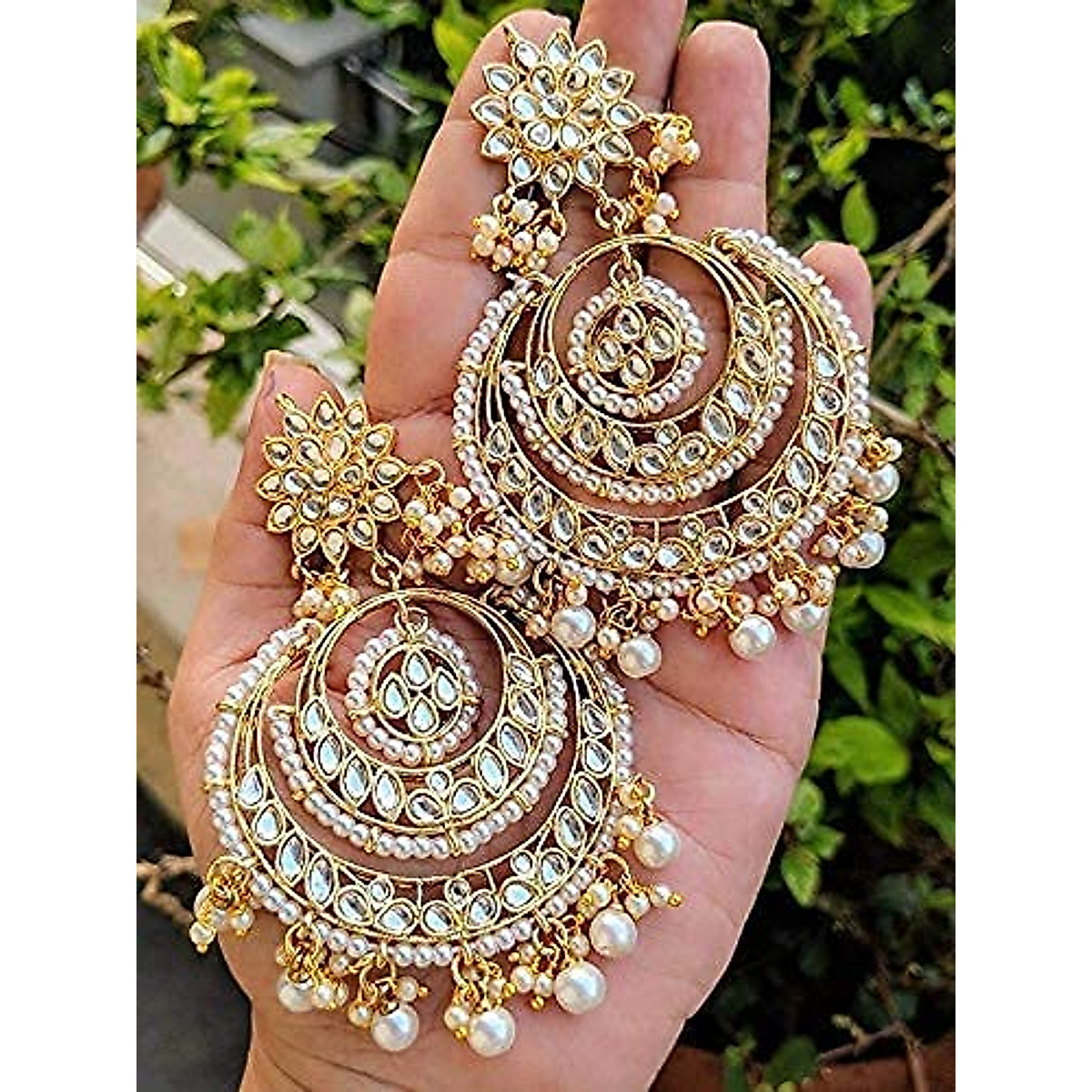 I Jewels Gold Plated Indian Wedding Bollywood Chandbali Kundan & Pearl Earrings for Women (E7077W)