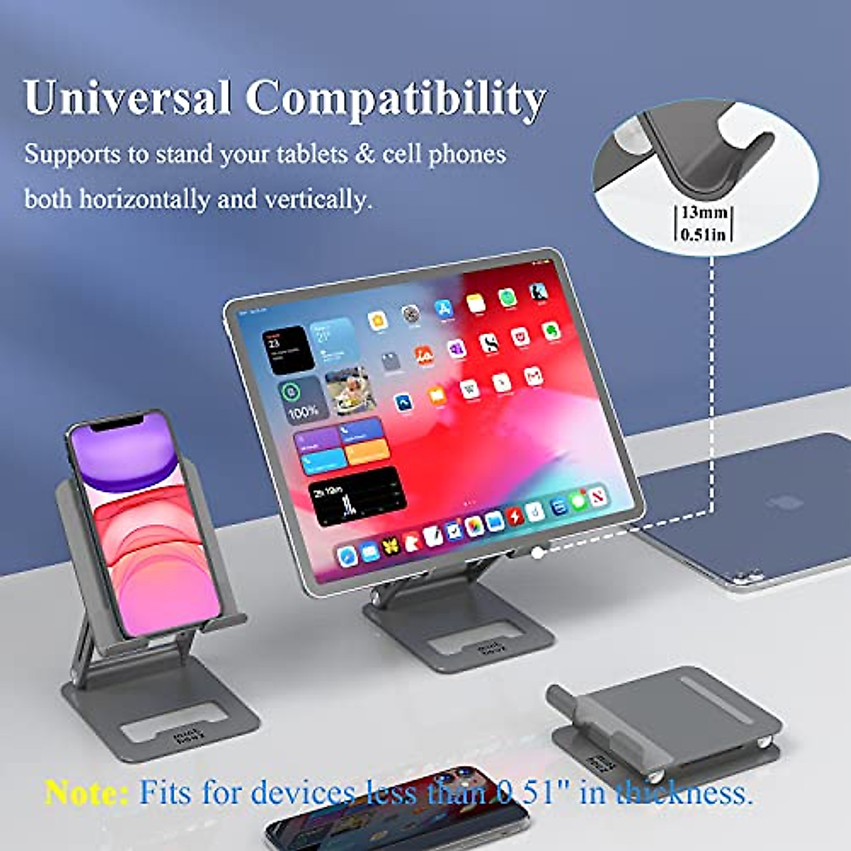 Minthouz Tablet Stand, Adjustable & Foldable Tablet Holder, Compact Aluminum Phone Stand with Anti-Slip Pads, Compatible with All 4.7-12.9 inches Mobile Phones/E-Readers/Tablets/Ultrabooks - Gray