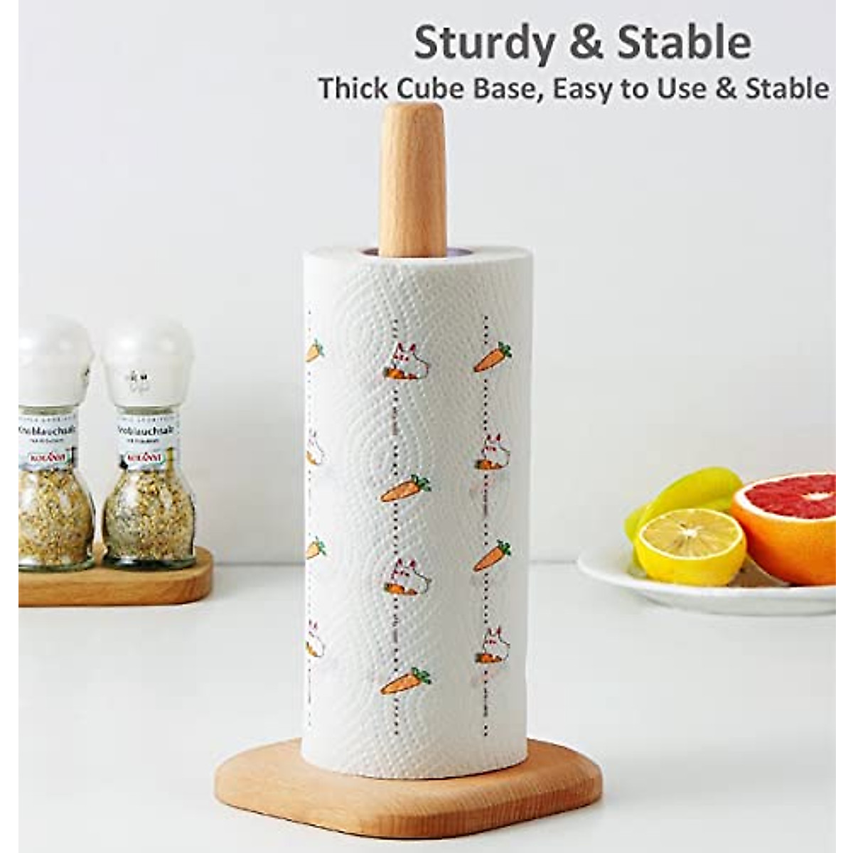 HUAJIE BienStylife Paper Towel Holder, Wooden Base Kitchen Paper Hanger Rack Bathroom Towel Roll Stand Organizer Countertop Wooden Paper Towel Holder (Natural Wood), WDH-001