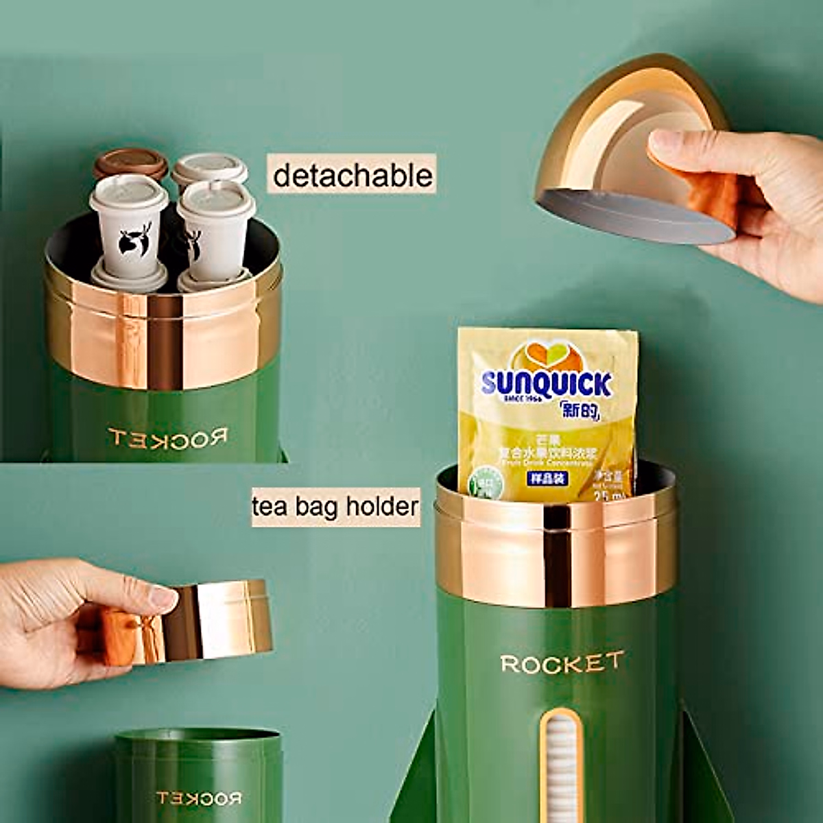 Jaugufiy Rocket Shape Disposable Paper Cup Dispenser Wall Mounted Cup Storage Disposable Cup Holder with Tea Bag Storage Box for Home Office (Green)