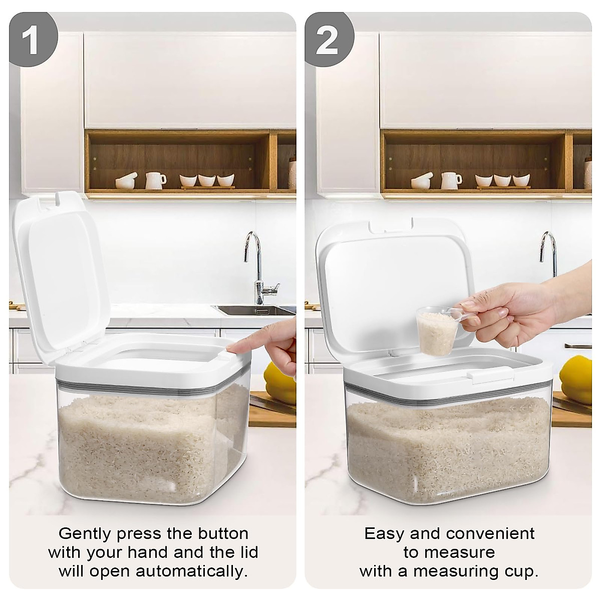 KoKone Flour Storage Container Airtight Rice Container for Kitchen Plastic Rice Dispenser with Lid & Cup Practical Food Storage Container for Grain Sugar Oatmeal Laundry Pods Dishwasher Pods