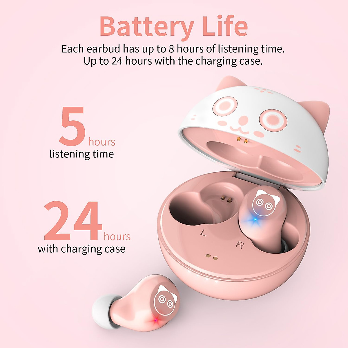 Togetface Kids Wireless Earbuds Bluetooth, Pink Cute Cat for Girls and School Classroom 5.0 with Microphone Small Ears Headphone Earphones Lightweight Premium Sound in-Ear Headset.