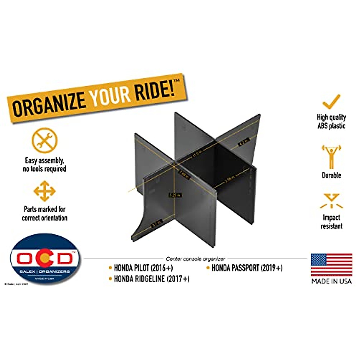 Vehicle OCD - Center Console Organizer for Honda Pilot (2016-2022) / Honda Ridgeline (2017-2023) / Honda Passport (2019-2023) - Made in USA