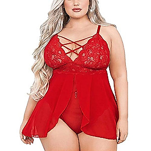 EVELUST Plus Size Lingerie for Women - Sexy Double Layer Chemise Comfy Boudoir Outfits Lace High Waist Teddy Babydoll(Large, Red)