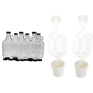 FastRack 64 oz Growler, 1/2 Gallon Glass Beer Growler, Half Gallon Glass Jug, 1/2 Gallon Glass Jug, Set of 6, Comes with 12 Extra Poly Seal Caps & Twin Bubble Airlock and Carboy Bung (Pack of 2)