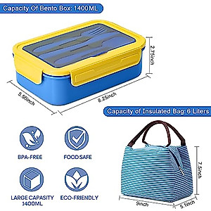 Landmore Bento Box Lunch Box for Kids Adults, 1100 ML Bento Lunch Box for Kids 3 Compartments with Utensils and Lunch Bag, Leakproof BPA Free(Blue)