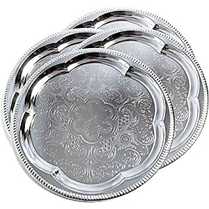 Maro Megastore (Pack of 4) 13.8-Inch Elegant Round Floral Pattern Engraved Catering Chrome Plated Serving Plate Mirror Tray Platter Tableware Holiday Wedding Birthday Party Deco Art (Medium) T226-4pk