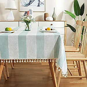 AmHoo Stitching Tassel Tablecloth Striped Table Cloth Rectangle Cotton Linen Dust-Proof Table Cover for Kitchen Dinning 54 x 86 Inch Teal